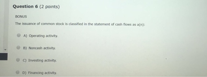 Solved The issuance of common stock is classified in the | Chegg.com