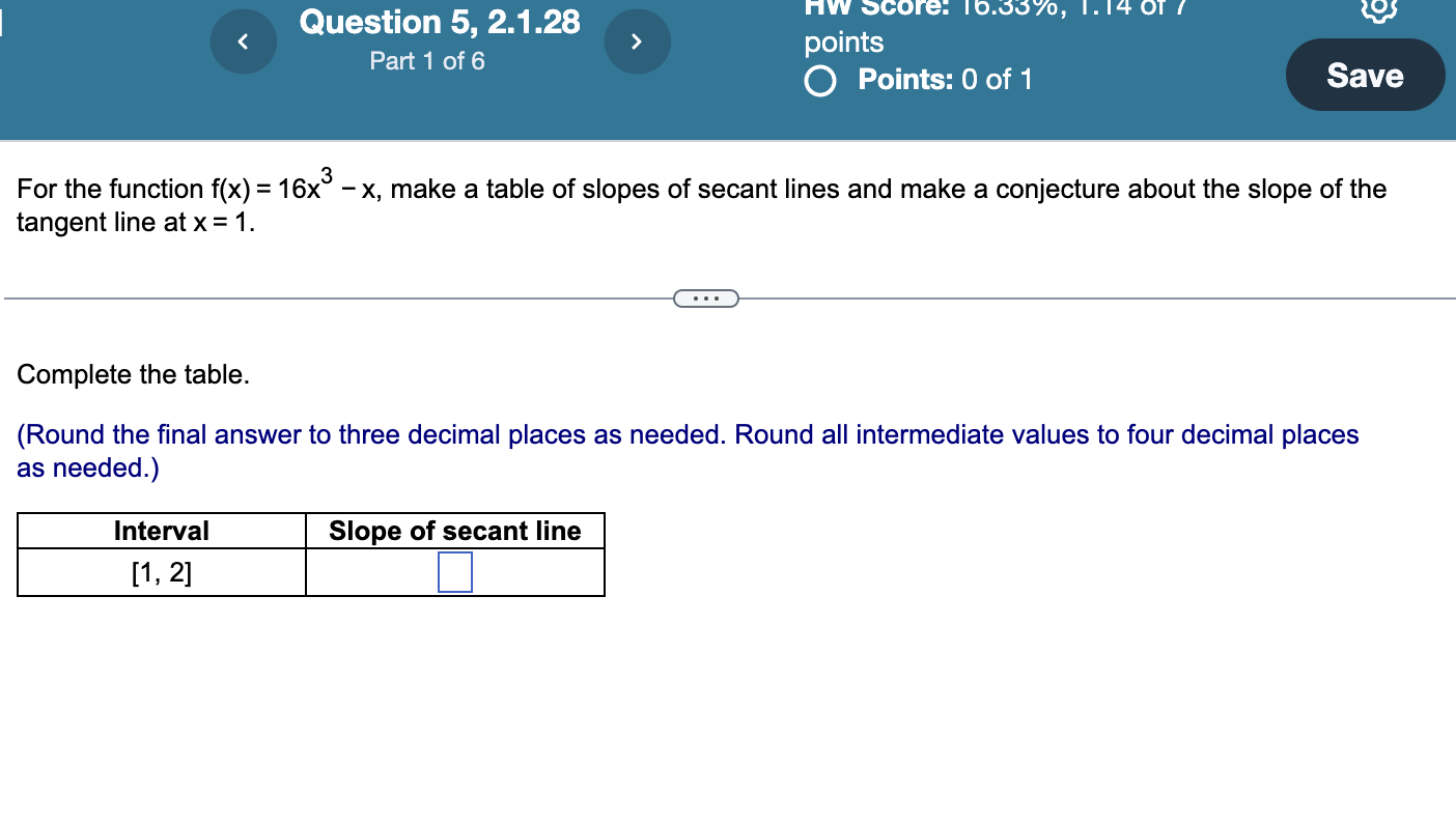 Solved For the function f(x)=16x3−x, make a table of slopes | Chegg.com