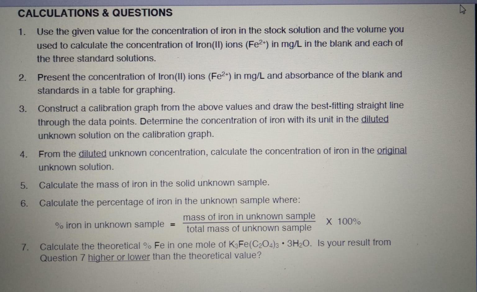 ANALYSIS OF AN IRON CONTAINING (BEER'S LAW) DATA AND | Chegg.com