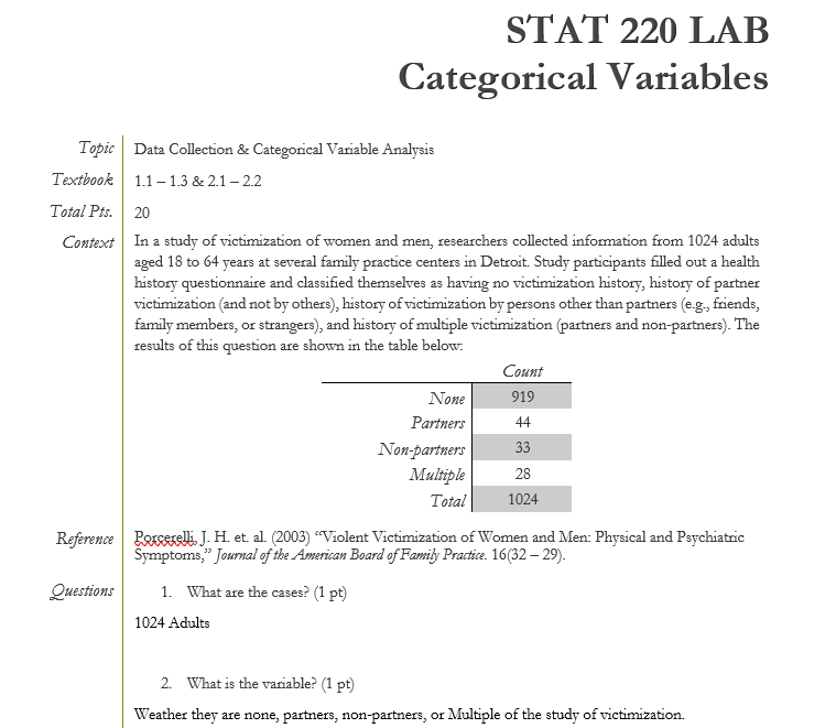 Stat 220 Lab Categorical Variables Topic Data Chegg