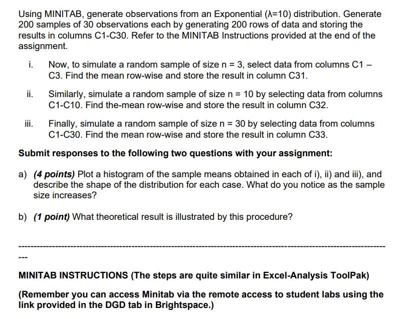 Solved Using MINITAB, generate observations from an | Chegg.com