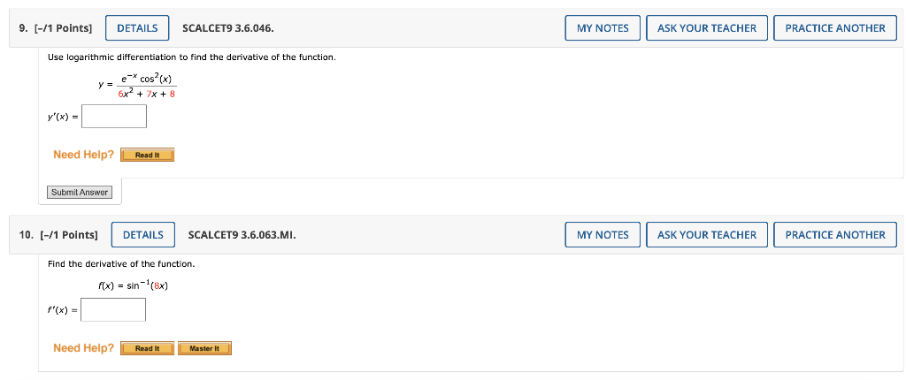 Solved -11 Points] SCALCET9 3.6.046. Use logarithmic | Chegg.com