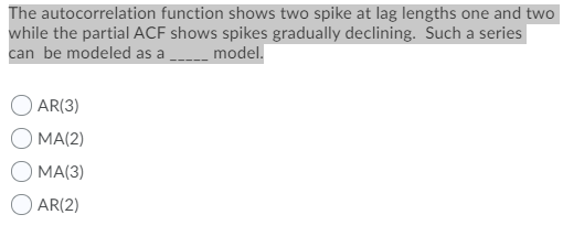 Solved The autocorrelation function shows two spike at lag | Chegg.com