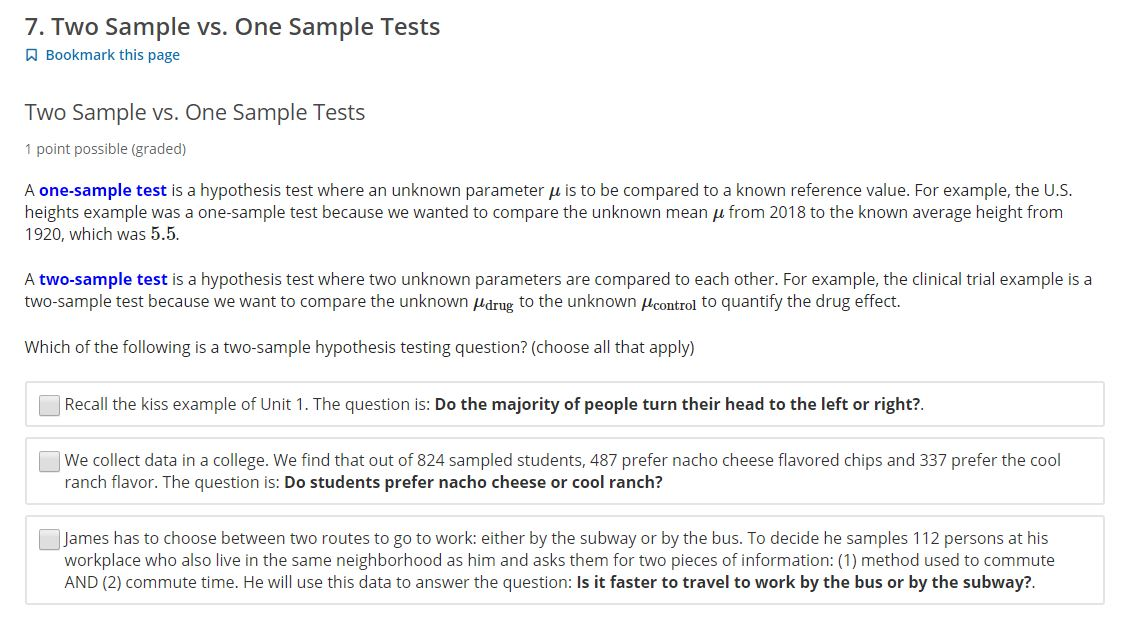 Solved 7. Two Sample vs. One Sample Tests Bookmark this page | Chegg.com