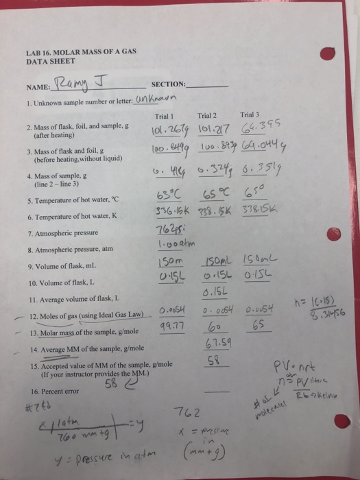 Solved LAB 16. MOLAR MASS OF A GAS DATA SHEET NAME: | Chegg.com