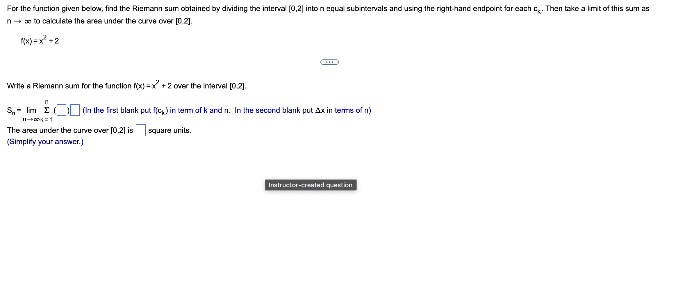 Solved For the function given below, find the Riemann sum | Chegg.com