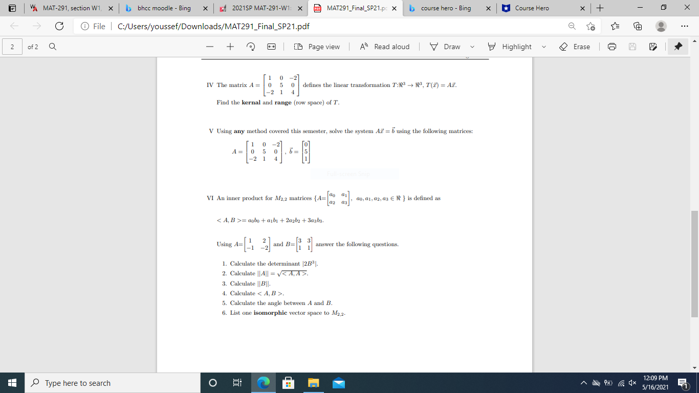 Solved WA MAT-291, section W1 bhcc moodle - Bing х 2021SP | Chegg.com