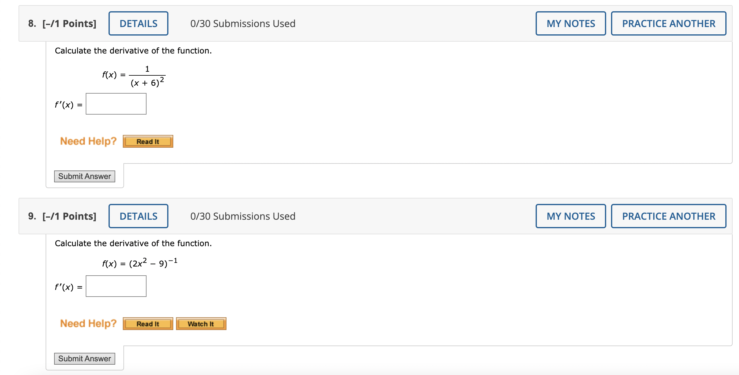 Solved 0/30 Submissions Used Calculate the derivative of the | Chegg.com