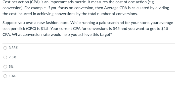 Cost per action (CPA) is an important ads metric. It | Chegg.com