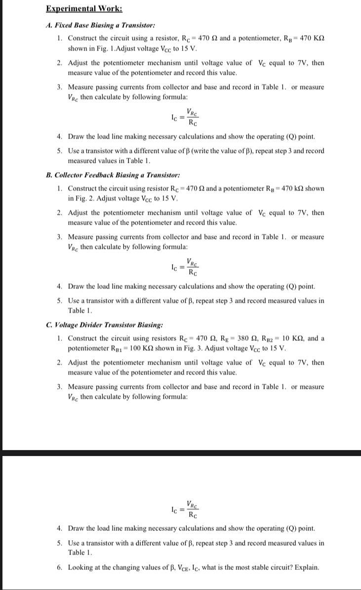 Solved Experimental Work: A. Fixed Base Biasing a | Chegg.com