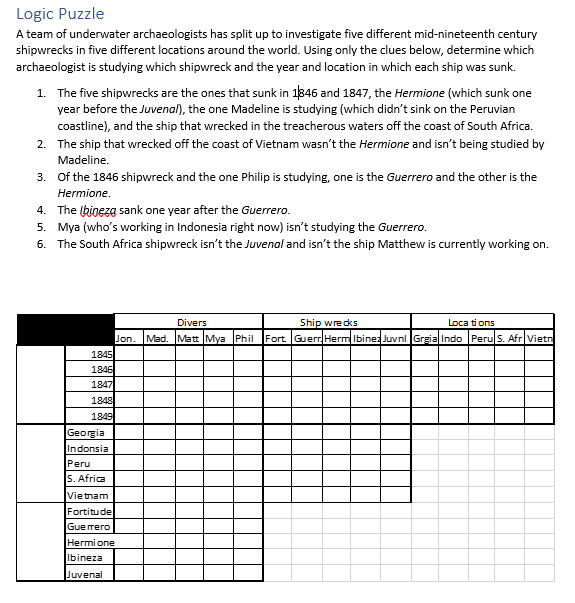 Logic Puzzle A team of underwater archaeologists has | Chegg.com