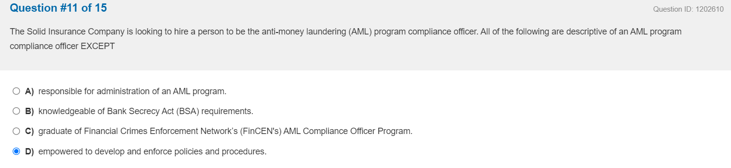 Solved Question #11 ﻿of 15The Solid Insurance Company is | Chegg.com