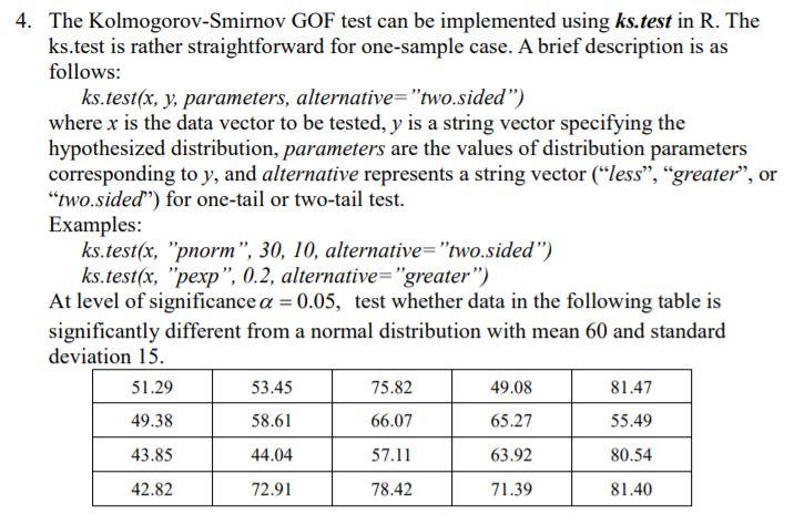 Solved 4. The Kolmogorov-Smirnov GOF test can be implemented | Chegg.com