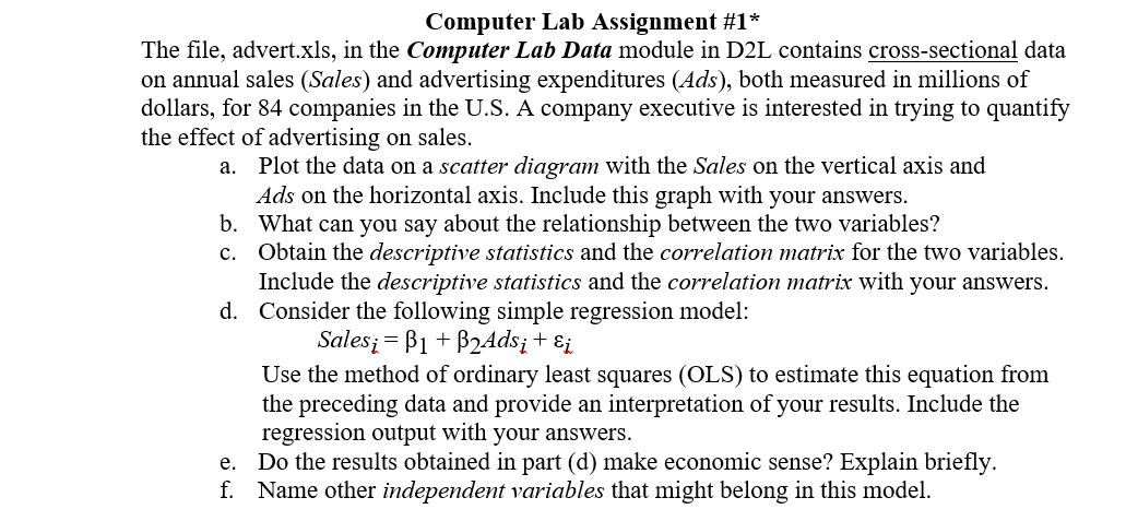 Solved Computer Lab Assignment #1*The file, advert.xls, ﻿in | Chegg.com
