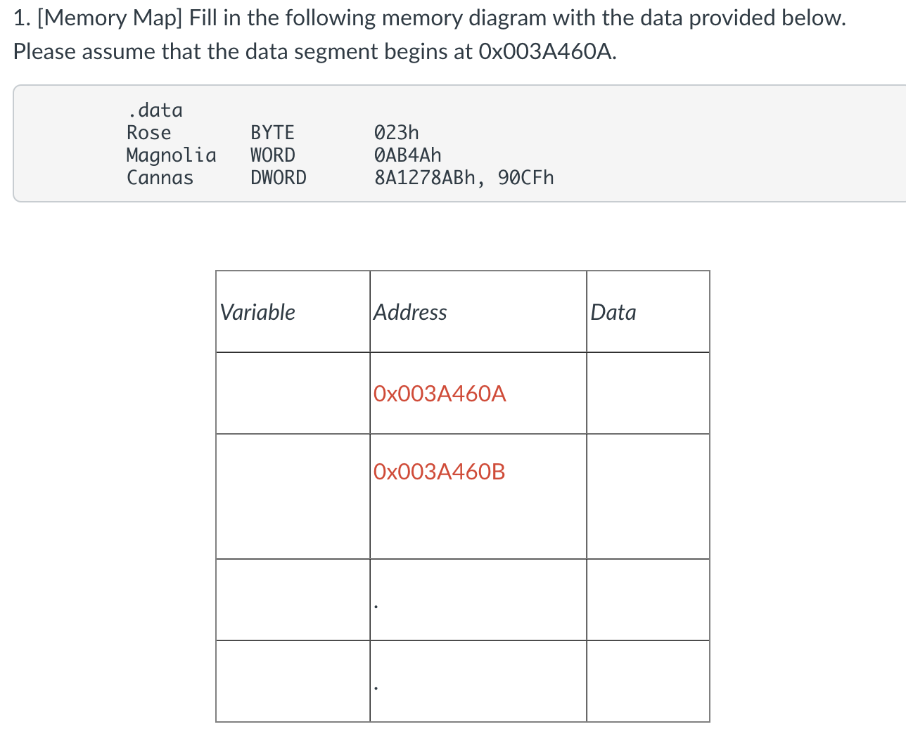 Solved 1. [Memory Map] Fill in the following memory diagram | Chegg.com