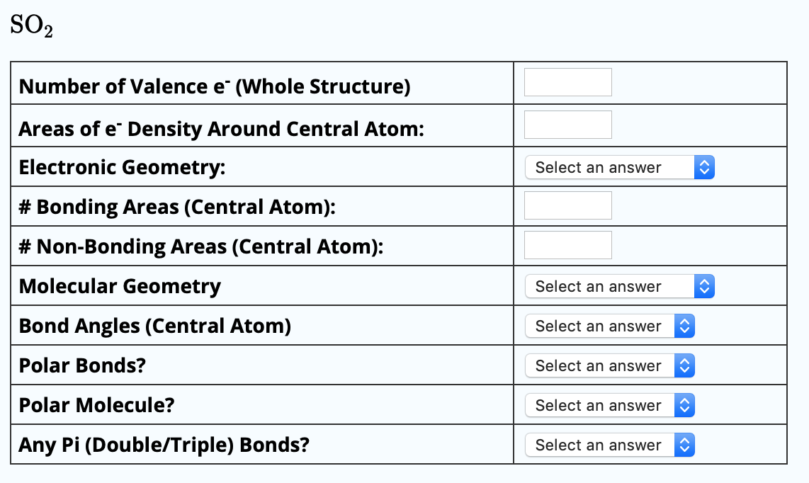 Solved SO2 Number of Valence e" (Whole Structure) Select an | Chegg.com