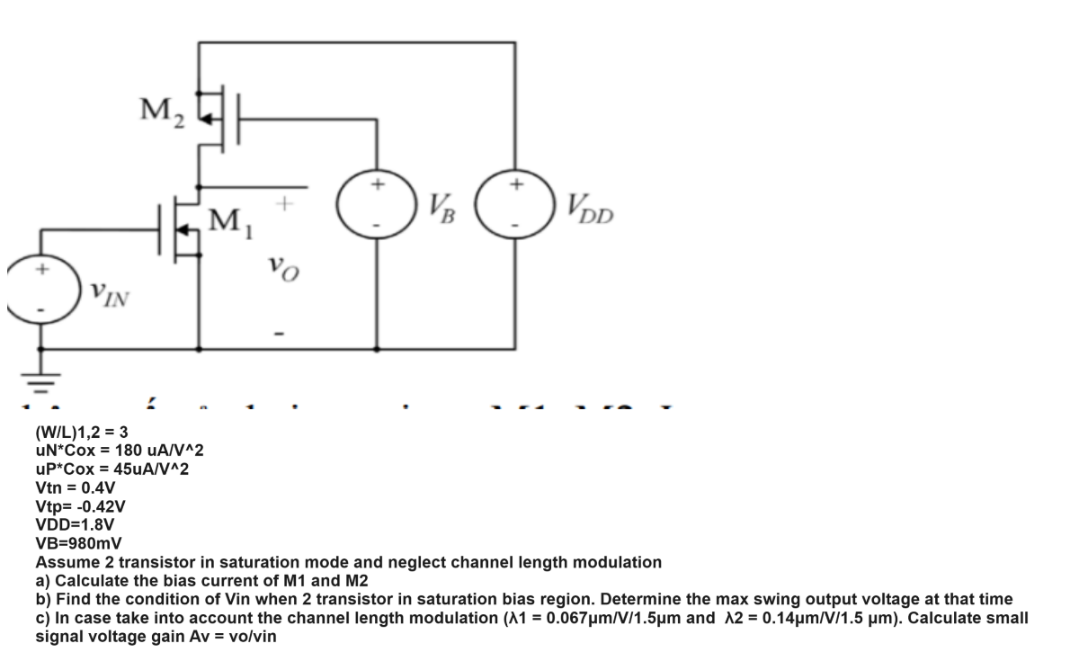 Solved (W/L)1,2=3uN⋆Cox=180uA/V∧2uP⋆Cox=45uA/V∧2Vtn=0.4 | Chegg.com