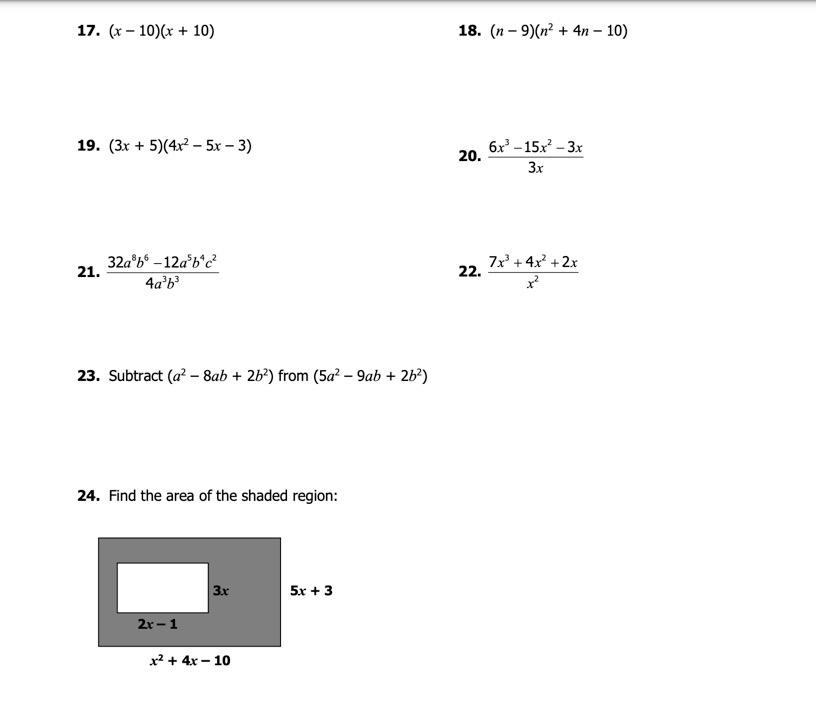 Solved 17. (x-10)(x + 10) 18. (n-9)(n? + 4n - 10) 19. (3x + | Chegg.com