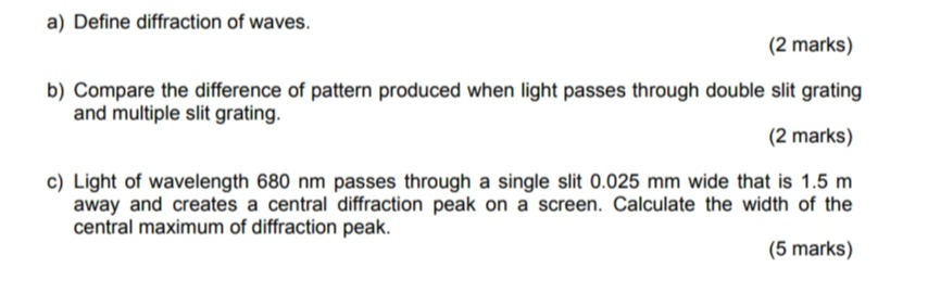 Solved a) Define diffraction of waves. (2 marks) b) Compare | Chegg.com
