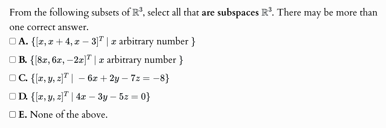 Solved From the following subsets of R3, ﻿select all that | Chegg.com