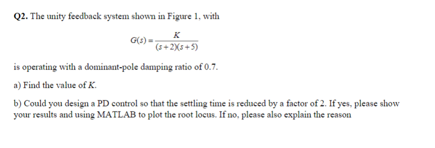 Solved Q2. The unity feedback system shown in Figure 1, with | Chegg.com