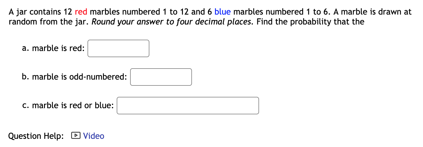 Solved A jar contains 12 red marbles numbered 1 to 12 and 6 | Chegg.com