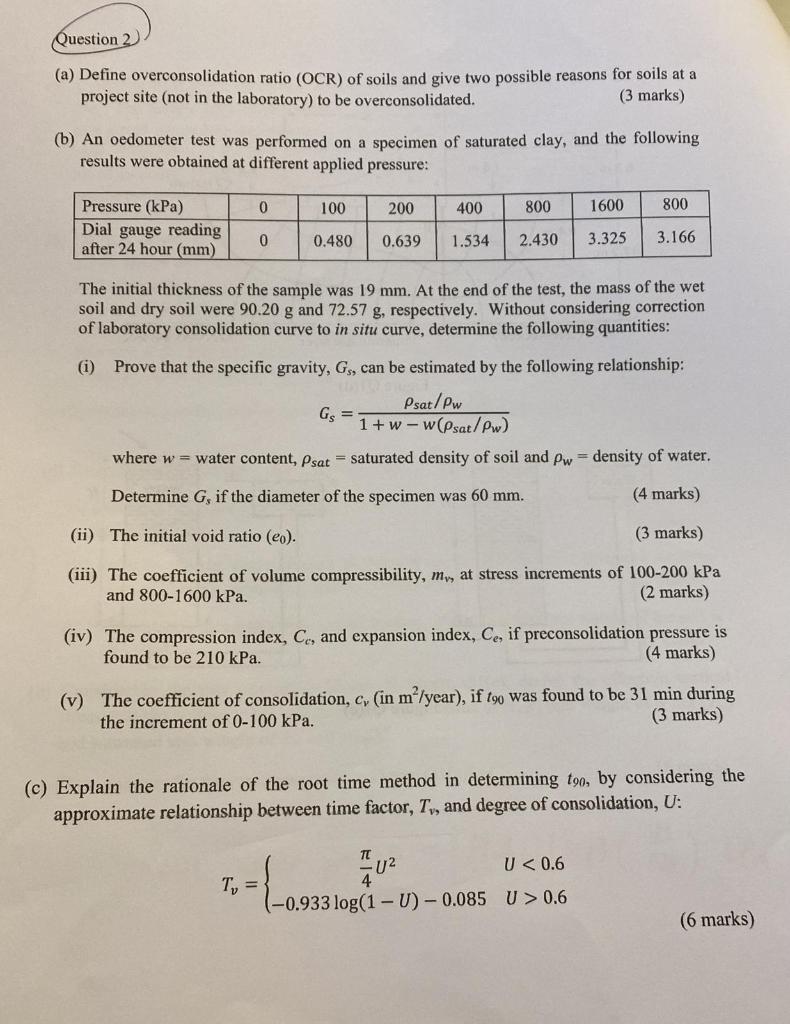 Solved Question 2 (a) Define overconsolidation ratio (OCR) | Chegg.com