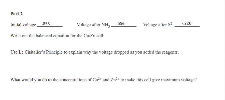 Solved Part 2 Initial voltage .853 Voltage after NH3 Voltage | Chegg.com