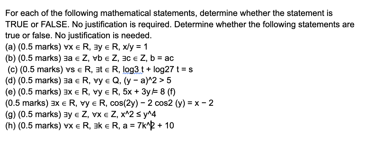 Solved For each of the following mathematical statements, | Chegg.com