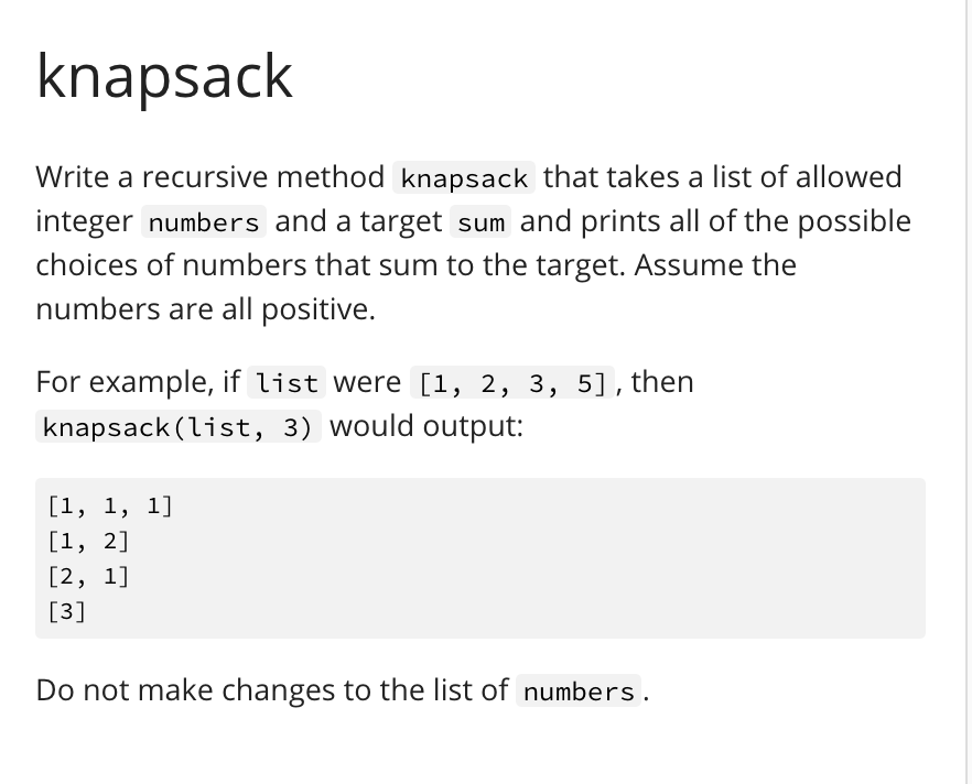 Solved knapsack Write a recursive method knapsack that takes | Chegg.com