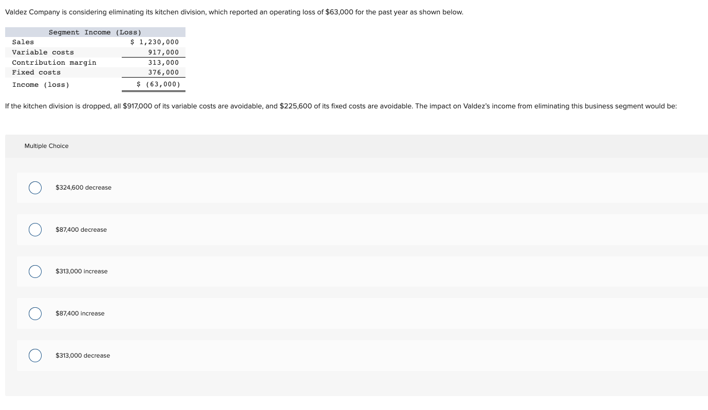 Solved Multiple Choice $324,600 decrease $87,400 decrease | Chegg.com