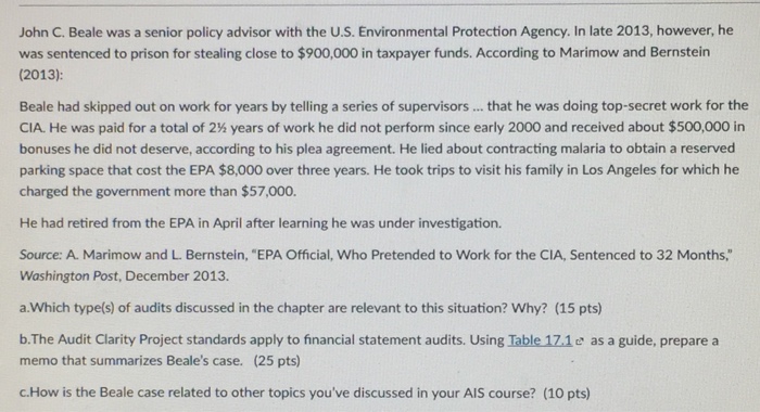 Solved John C. Beale was a senior policy advisor with the | Chegg.com