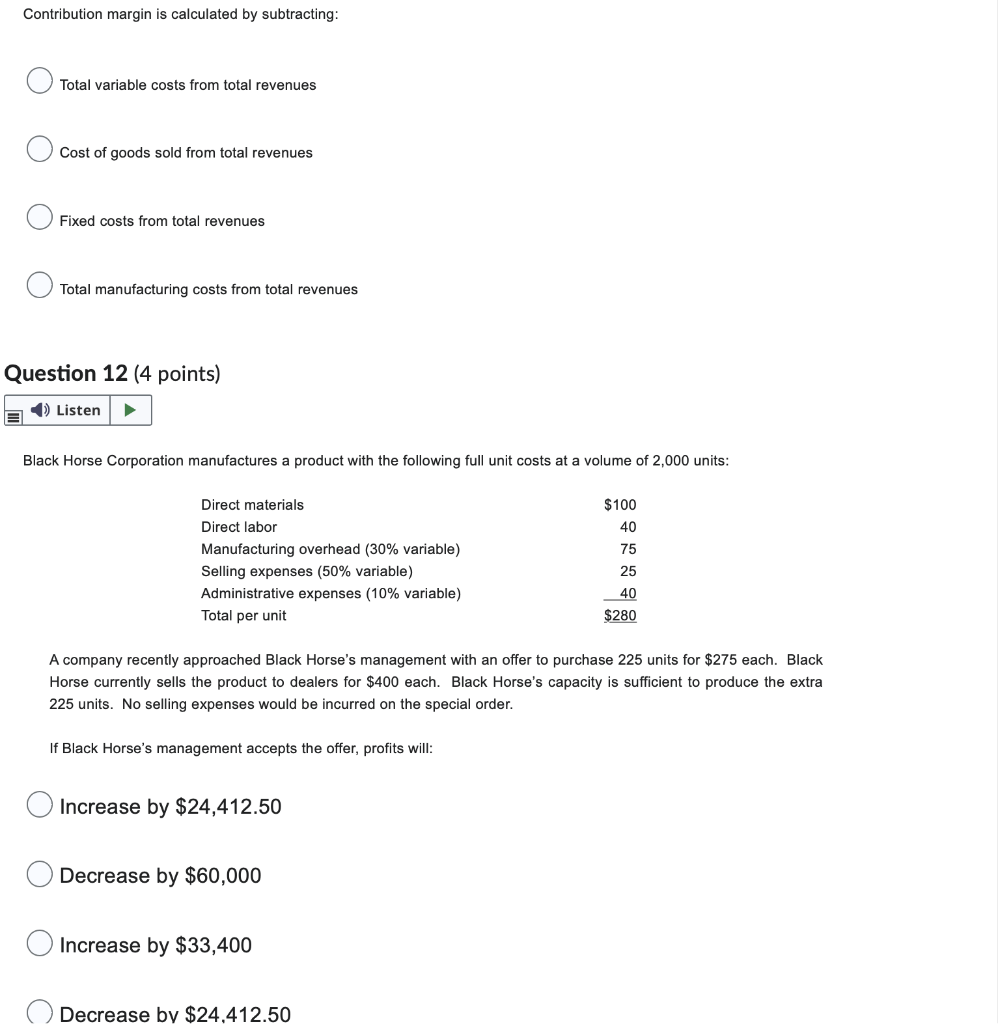 Solved Contribution Margin Is Calculated By Subtracting