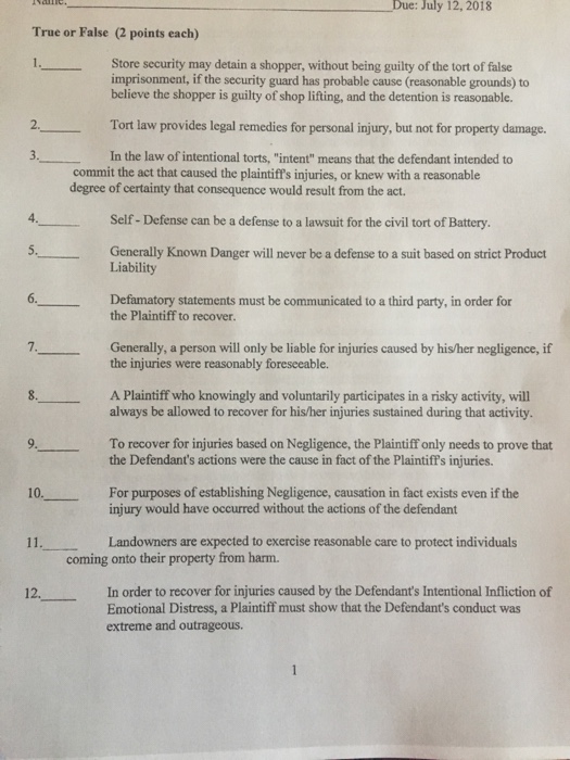 Solved Due: July 12, 2018 True or False (2 points each) | Chegg.com