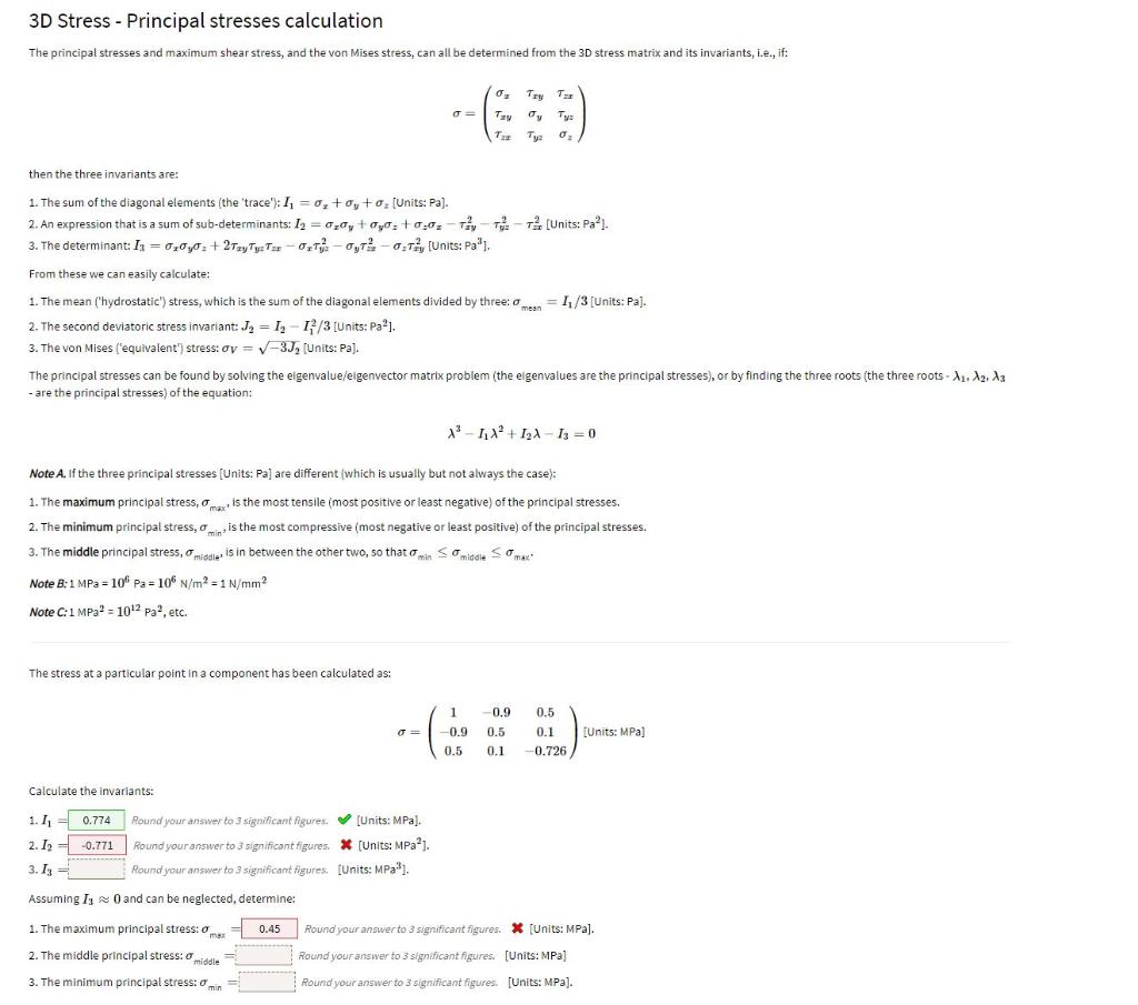 Solved 3D Stress - Principal stresses calculation The | Chegg.com