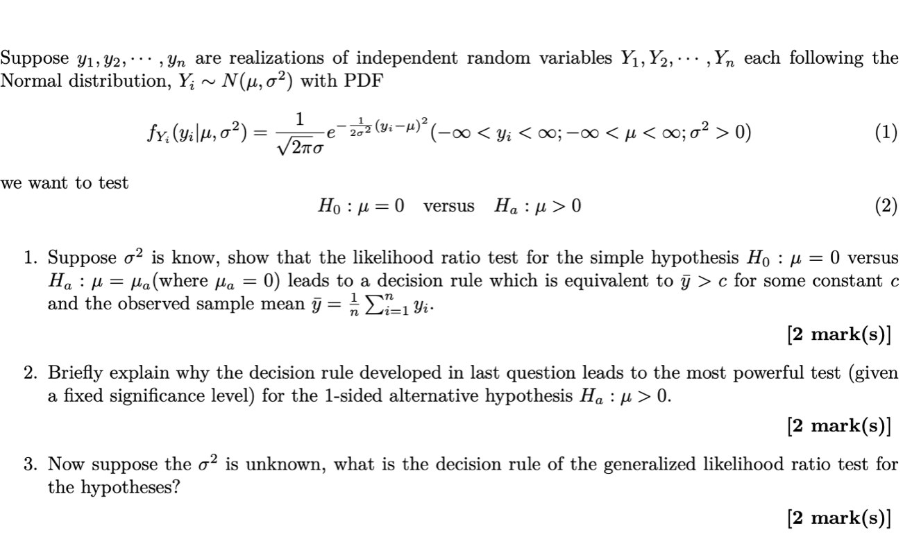 Suppose Y1 Y2 Yn Are Realizations Of