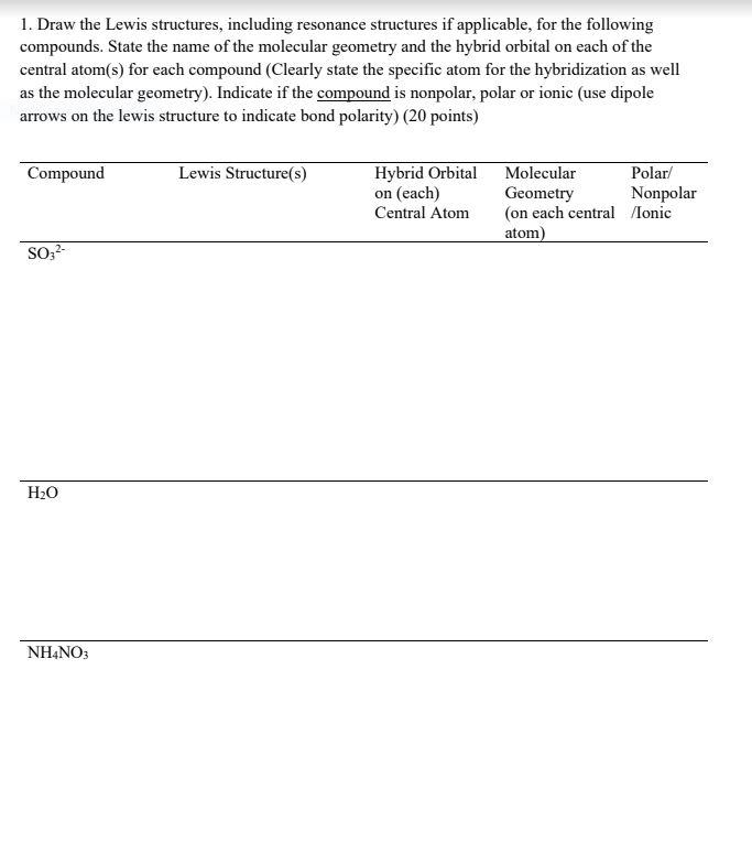 Solved 1. Draw the Lewis structures, including resonance | Chegg.com