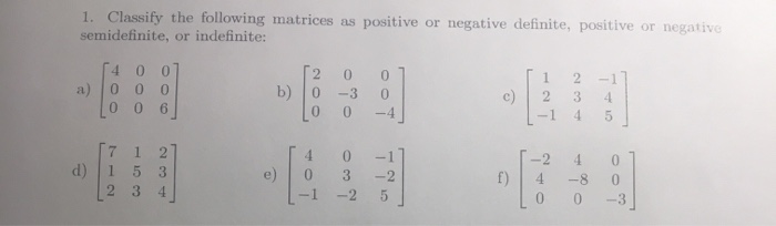 Solved 1. Classify the followi semidefinite, or indefinite: | Chegg.com