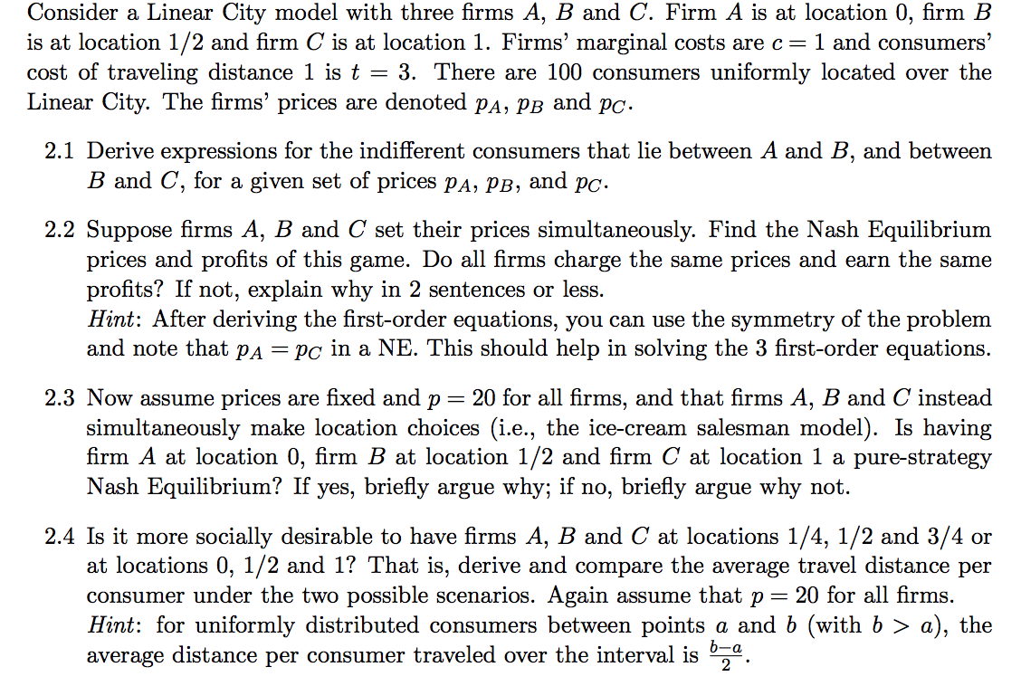 Consider a Linear City model with three firms A, B | Chegg.com