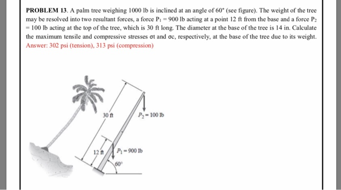 Solved PROBLEM 13. A palm tree weighing 1000 lb is inclined | Chegg.com