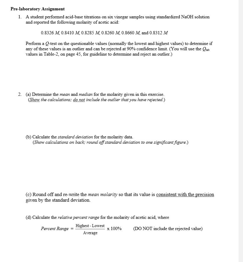 Solved Pre-laboratory Assignment 1. A student performed | Chegg.com