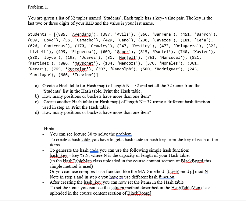 Solved Create a Hash table (or Hash map) of length N=32 and | Chegg.com