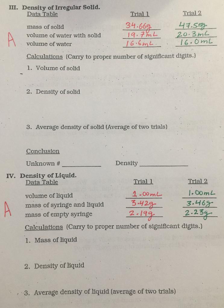 Solved III. Density of Irregular Solid. Data Table Trial 1 | Chegg.com