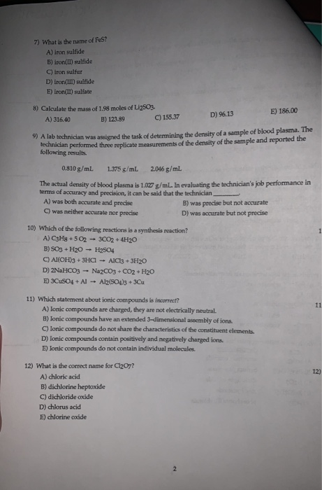 Solved 7) What is the name of FeS? A) iron sulfide B) | Chegg.com