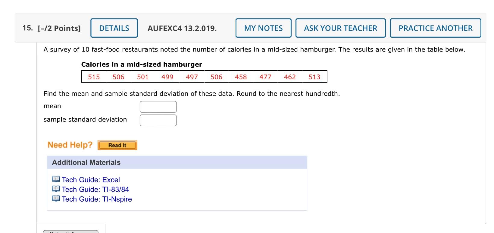 Solved 15. [-12 Points] DETAILS AUFEXC4 13.2.019. MY NOTES | Chegg.com