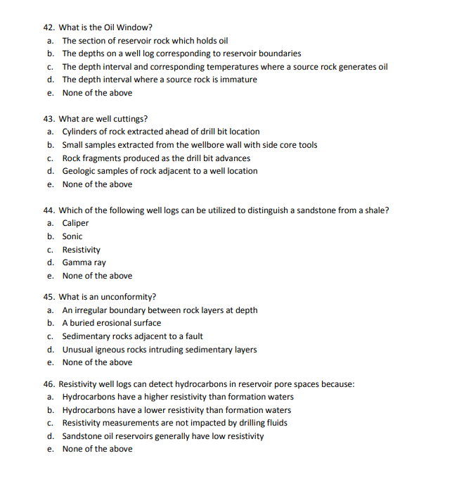 Solved 42. What is the Oil Window? a. The section of | Chegg.com