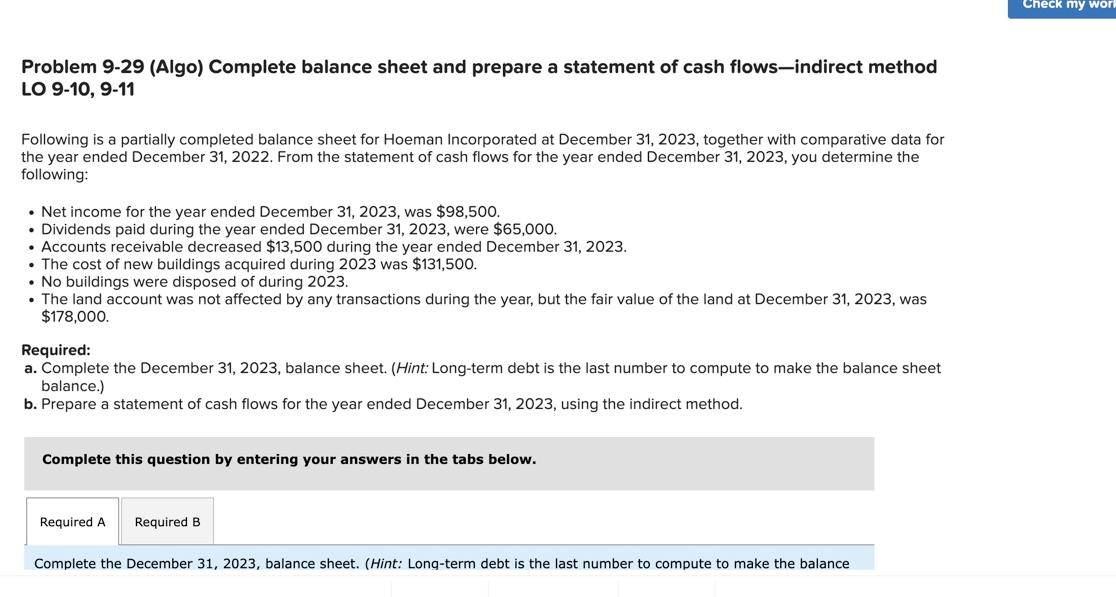 Solved Problem 9-29 (Algo) Complete balance sheet and | Chegg.com