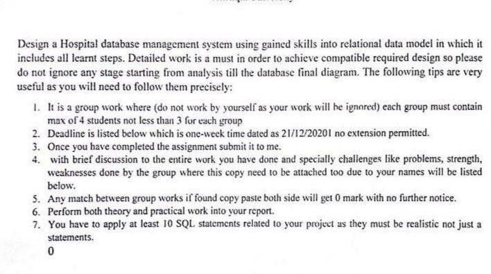 Design a Hospital database management system using | Chegg.com