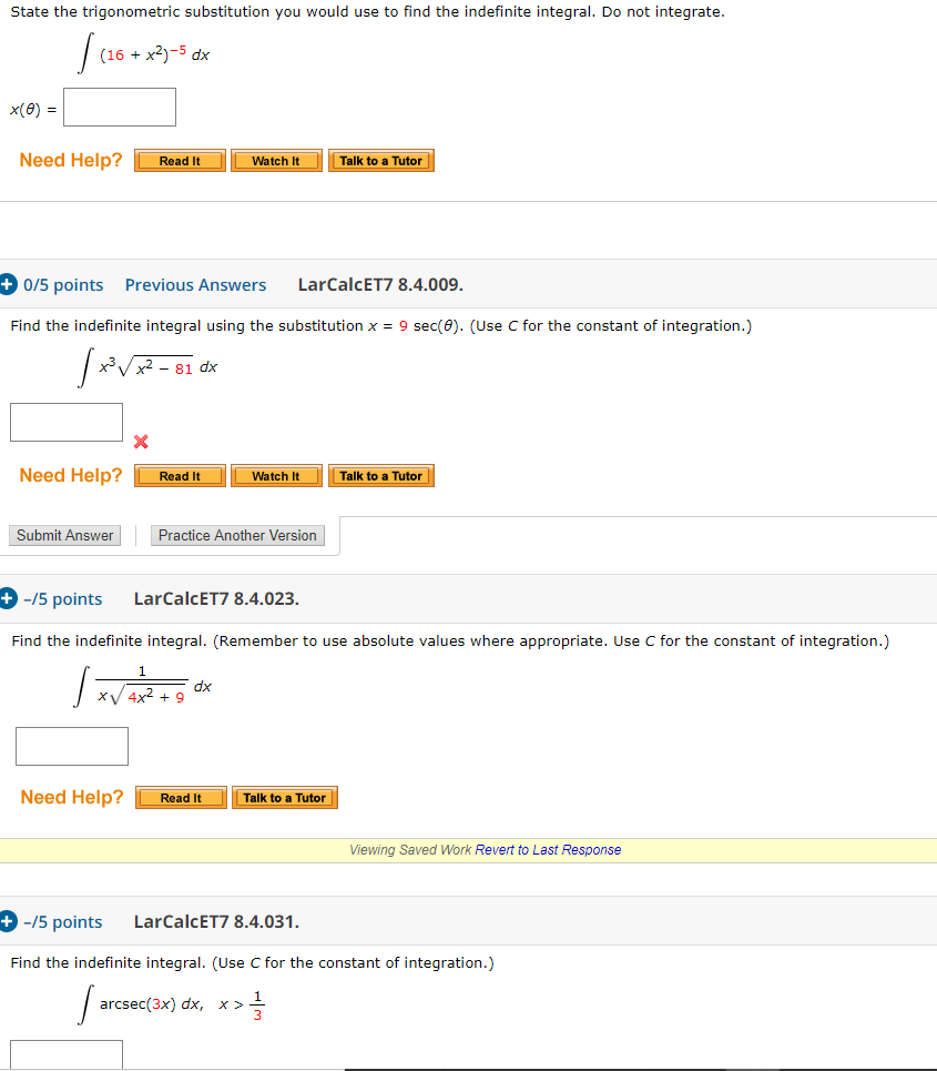 Solved State the trigonometric substitution you would use to | Chegg.com