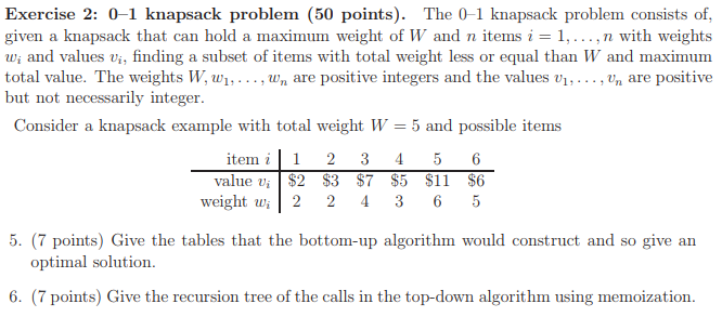 The 0–1 knapsack problem consists of, given a | Chegg.com